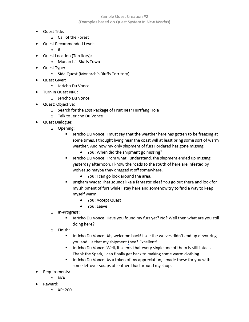 Story/Quest Design – Jake Clawson